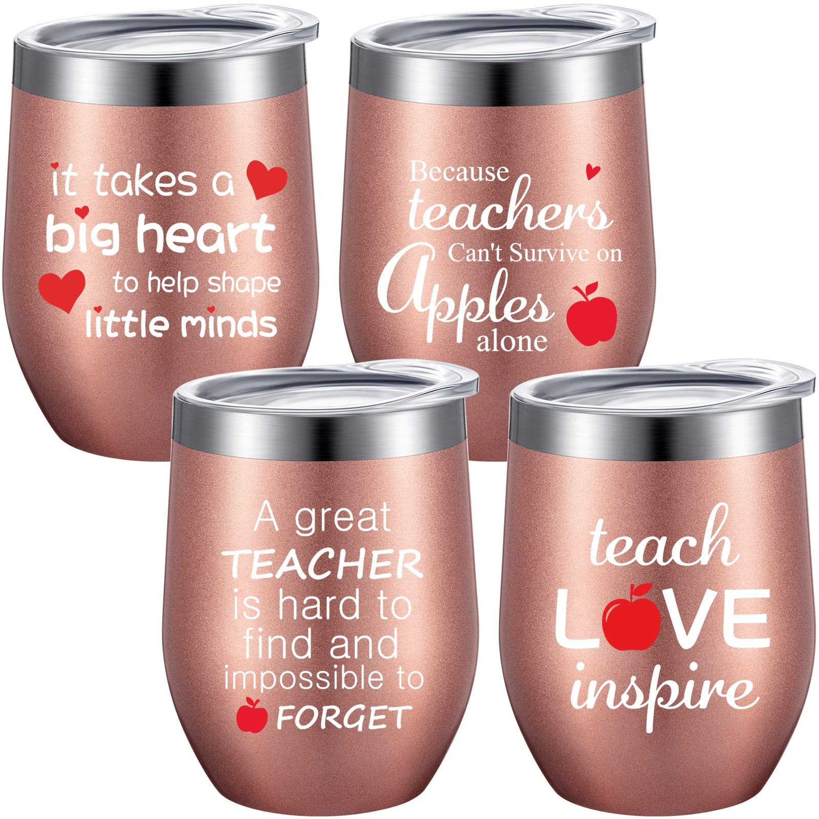 Patelai 4 Pcs Teacher Appreciation Gift Back to School Gift Personalized Thank You Teacher Coffee Mug Birthday Christmas Gifts for Women Men, 12 oz Wine Tumbler with Straws and Brushes (Rose Gold)