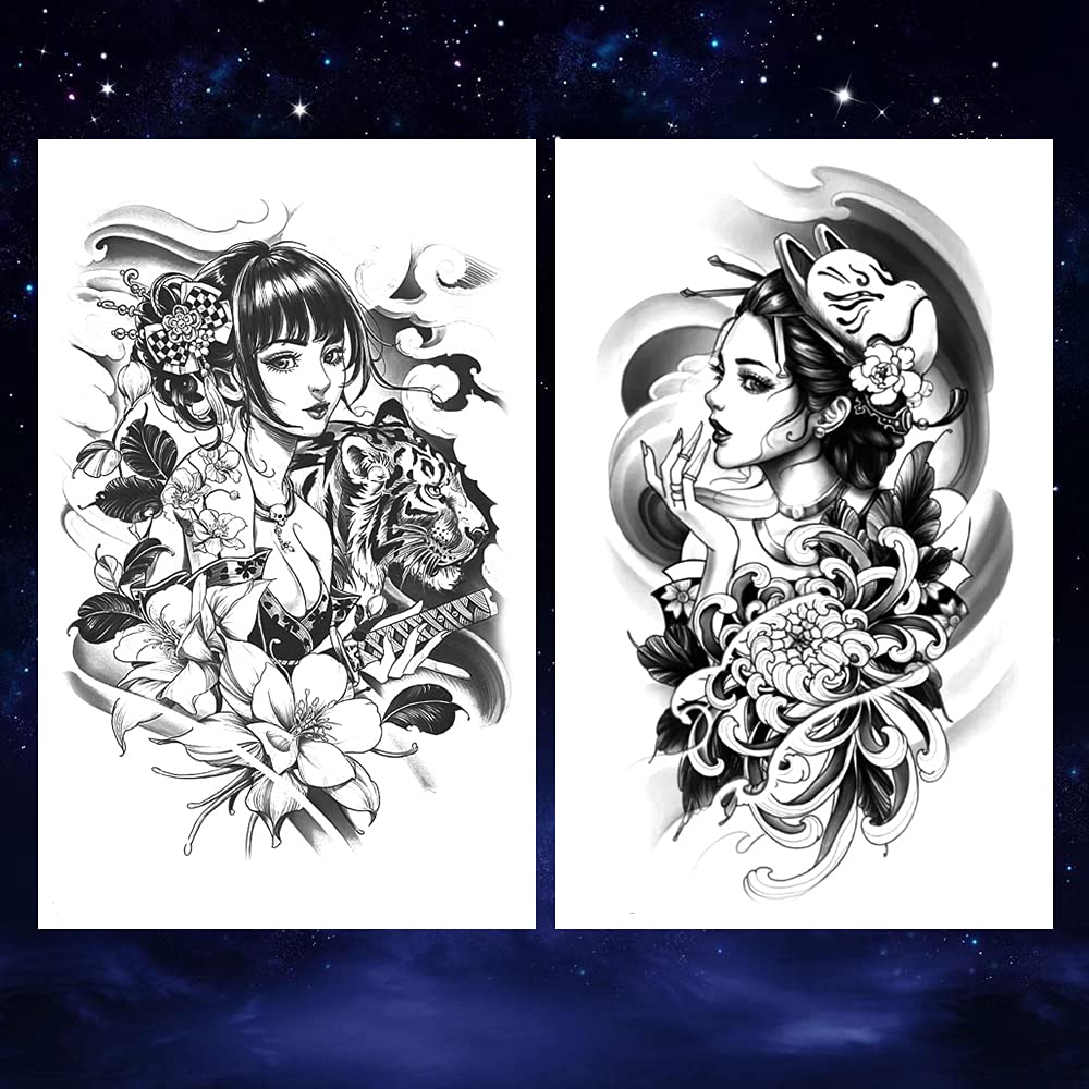 Oottati 6 Sheets Arm Fake Waterproof Temporary Tattoos Stickers Black Japanese Geisha Samurai Women Flower Lotus