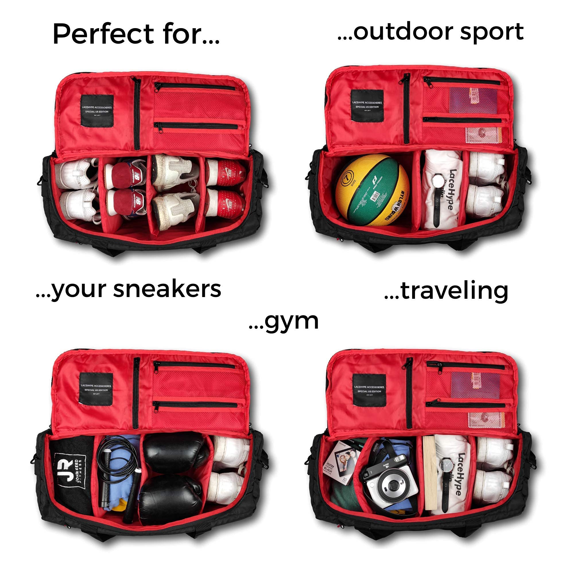 PREMIUM Sneaker Bag, Duffel Bag, Gym Training Bag, Travel Bag, Basketball Bag, Footbal Bag with 3 adjustable compartment dividers (Black/Red)