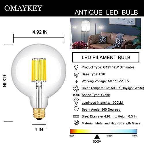 OMAYKEY 12W Dimmable Large LED Globe Bulb 100W Equivalent 1000 Lumens, 5000K Daylight White E26 Medium Base, Vintage Edison G125 Large Globe Clear Glass LED Filament Light Bulb, Deep Dimming Version