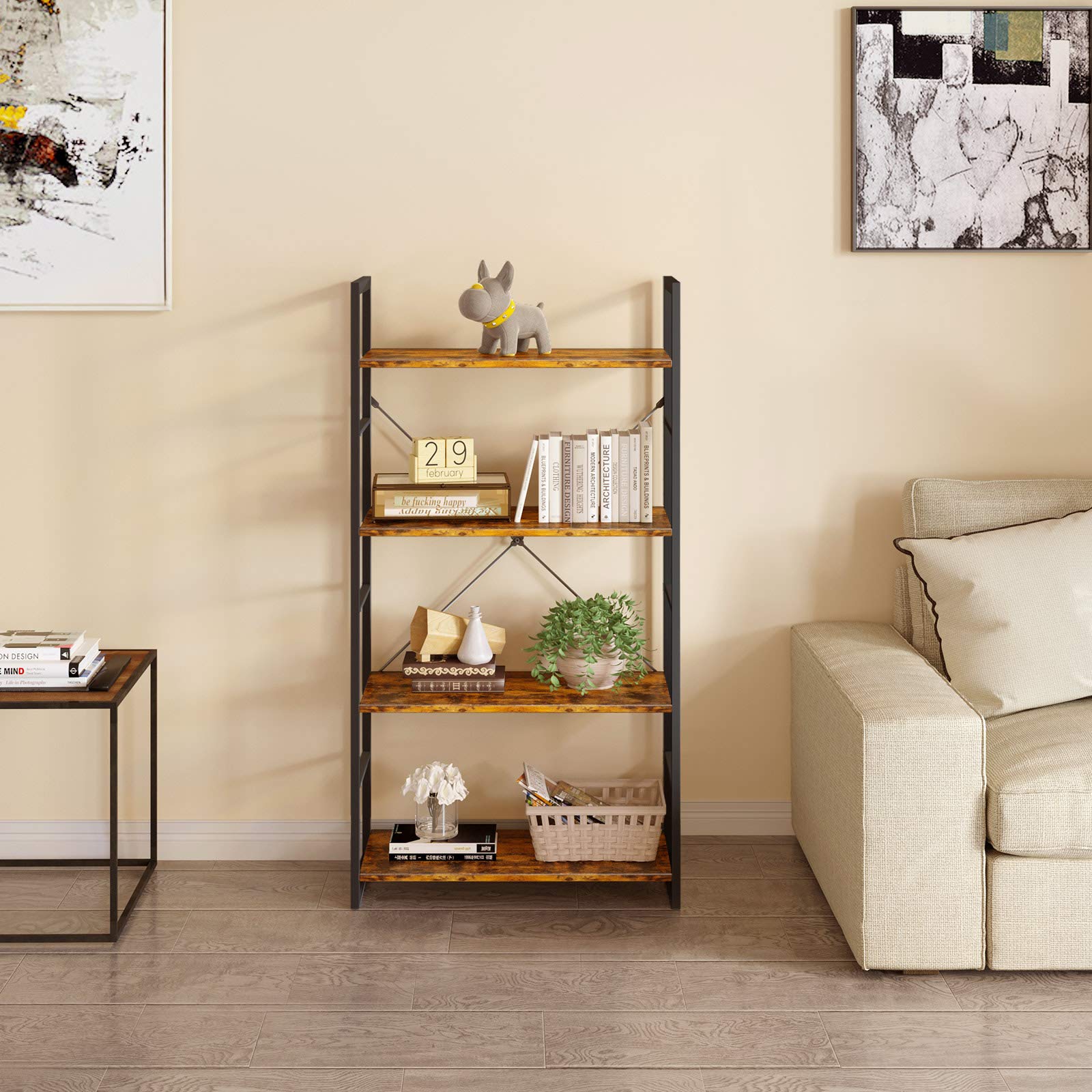 ODK Bookshelf, 4 Tier Shelf Storage Organizer, Modern Book Shelf with Metal Frame for Bedroom, Living Room and Home Office, Rustic Brown