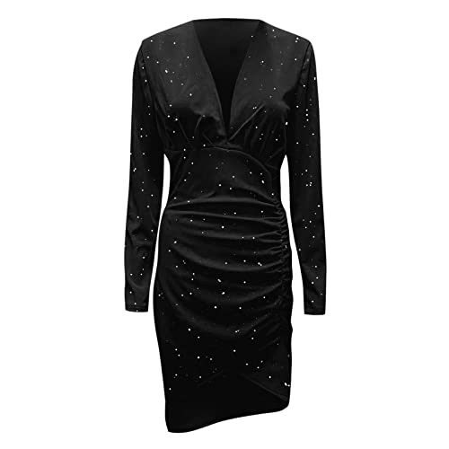Pinkpaopao Womens Ruched Wrap Dress Deep V Neck Glitter Sequins Long Sleeve Elegant Slim Mini Dress