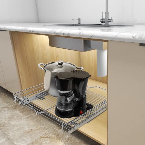 SITE Pull Out Cabinet Organizer 20" W x 21" D Heavy Duty Under Kitchen Cabinet Sliding Shelf, Requires At Least 22β Cabinet Opening, Chrome Finish