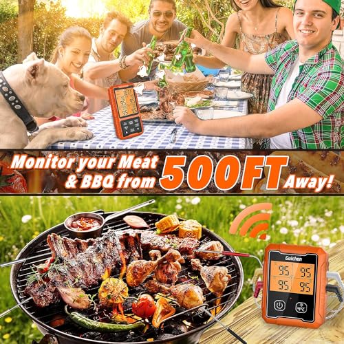 Wireless Meat Thermometer, Guichon Digital Meat Thermometer, 4 Probes Food Thermometer for BBQ, Grill, Oven, Smoker, Grill Thermometer with 500FT Remote Range