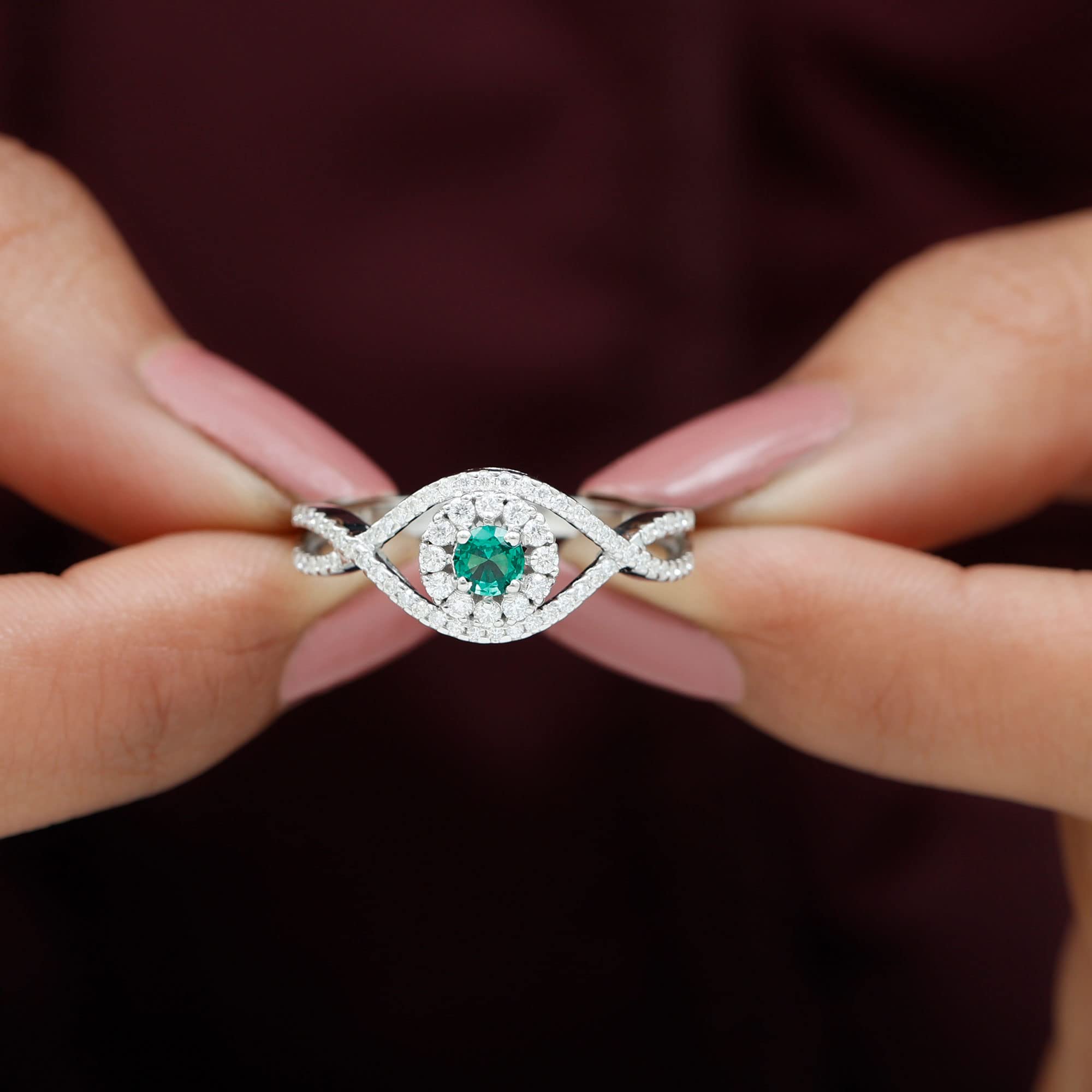 Rosec Jewels Created Emerald Infinity Crossover Ring for Women, AAAA Quality, Emerald Promise Engagement Ring, 14K White Gold, Size:US 9.50