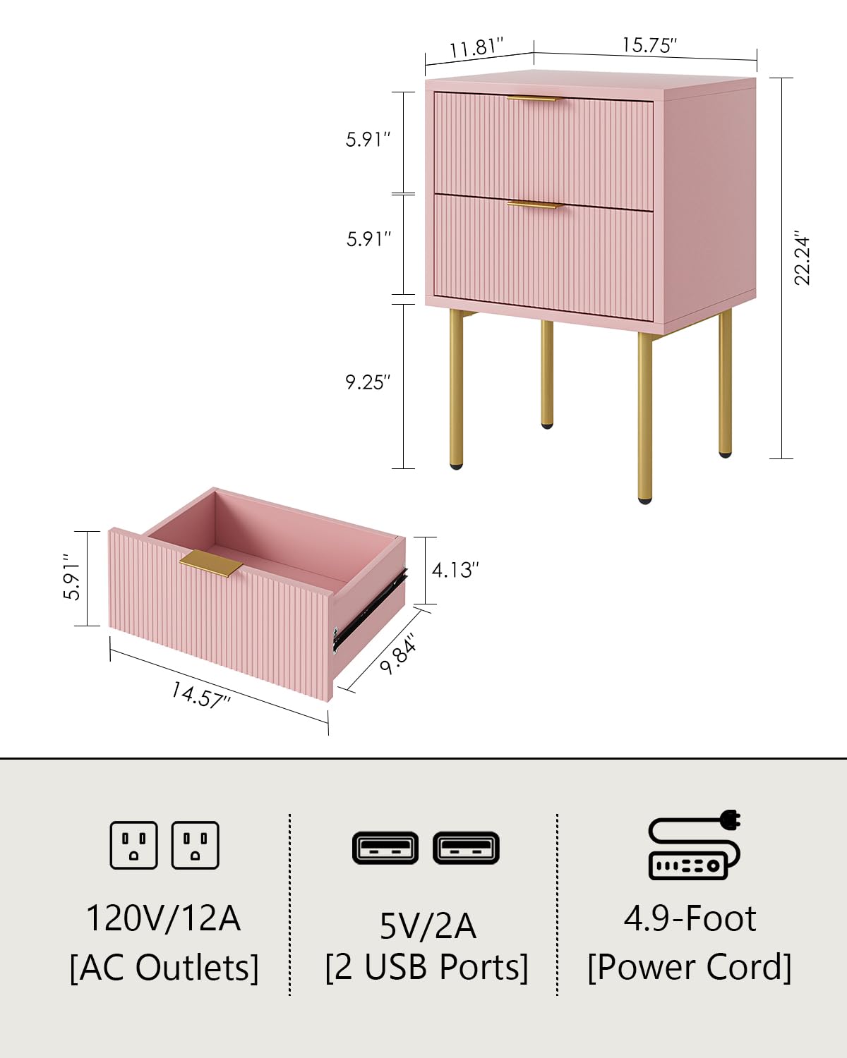 Masupu Night Stand,Mid-Century Modern Bedside Table with Storage Drawer and Open Wood Shelf,Small Gold Frame Side Table for Bedroom,Living Room, Pink