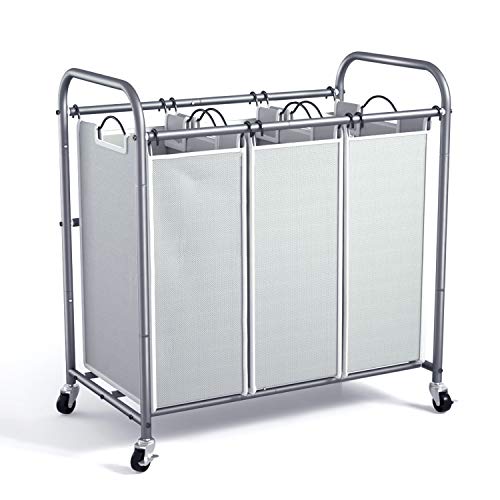 ROMOON Laundry Sorter, Laundry Hamper 3 Section with Heavy Duty Rolling Lockable Wheels, Laundry Basket Organizer with Removable Bags for Dirty Clothes Storage, Grey