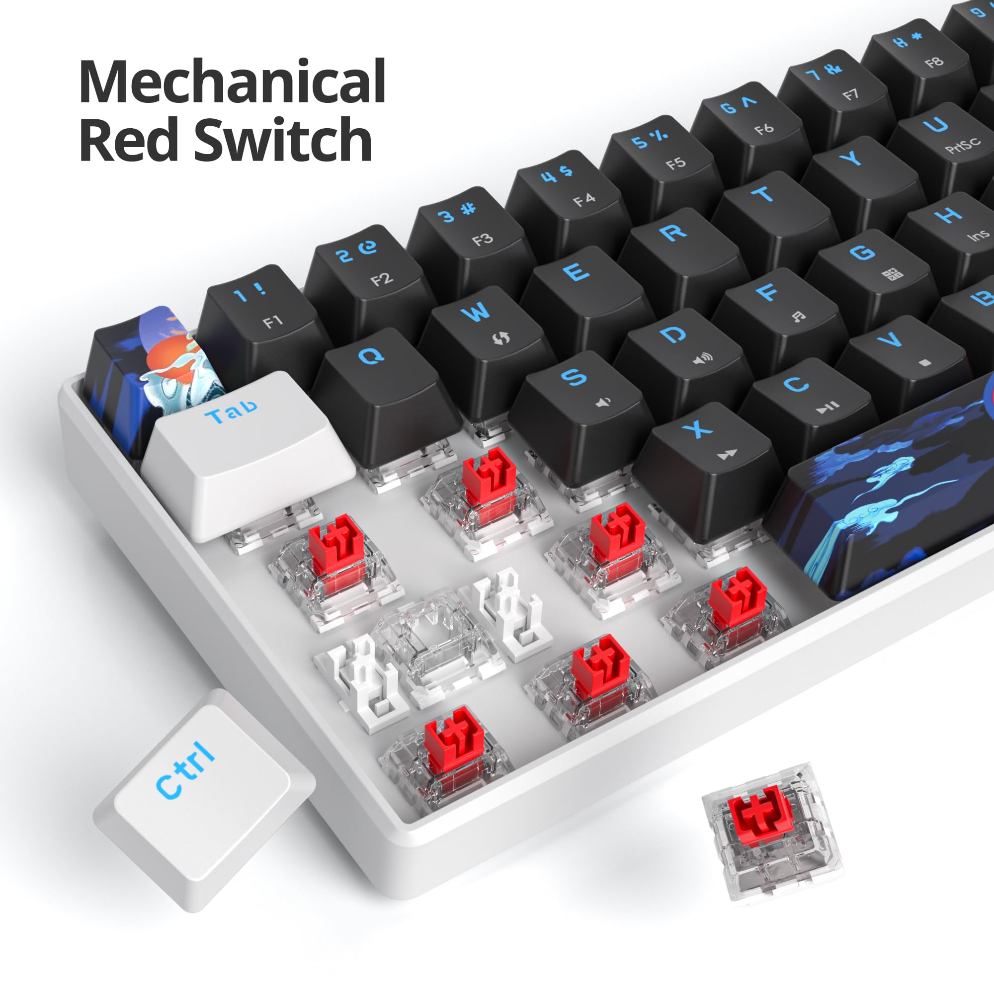 Ussixchare 60% Mechanical Keyboard Mini Gaming Keyboard 60 Percent with Red Switch Wired Type-C Cable Mini Keyboard with Blue Light Backlight for Laptop/PC Gamer(Black-White)