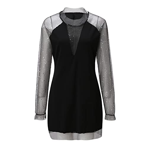 Pinkpaopao Glitter High Collar Party Dress Mesh Long Sleeve Hollow Out Wrap Slim Mini Dress