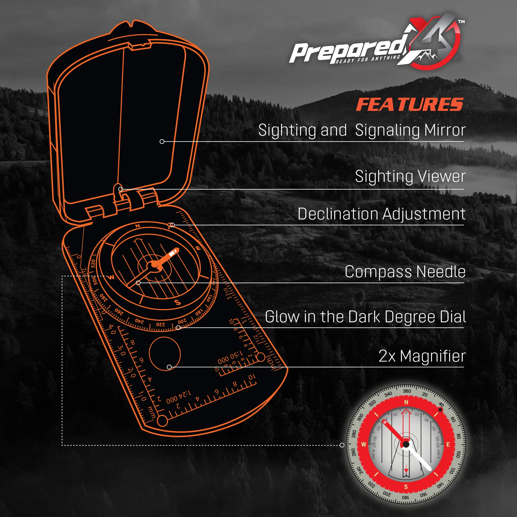 PREPARED4X Hiking Compass Survival β Mirror Sighting Map Orienteering Compass β with 35-Ft 550 Survival Paracord Lanyard, Fire Starter, Whistle, Fishing Line, Tinder Cord