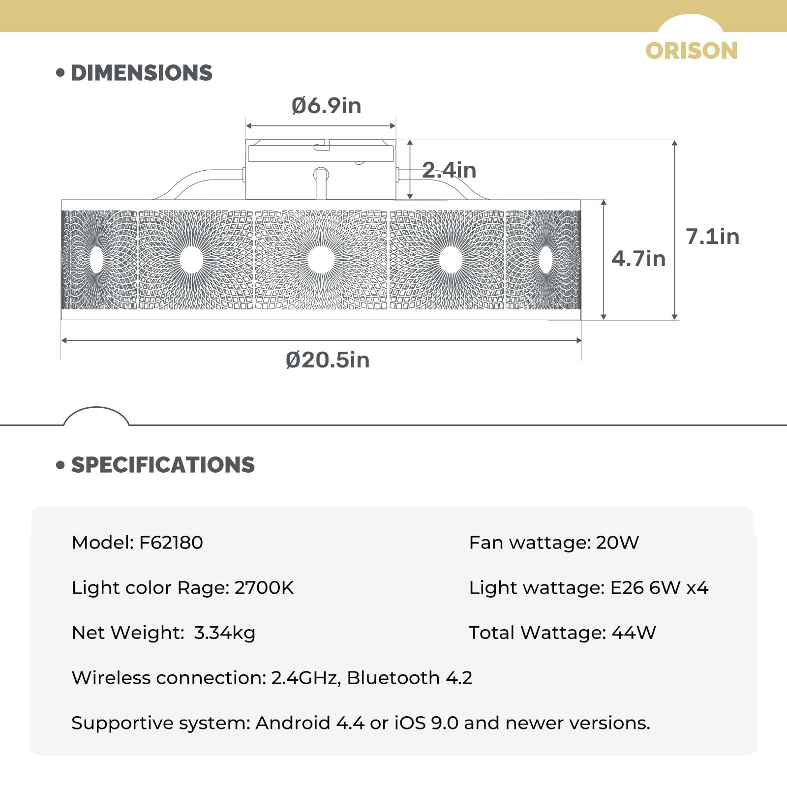 Orison 20 Inch Caged Ceiling Fan with Light, Black, 6 Speeds, Timer, Reversible Motor, Industrial Low Profile Ceiling Fan for Living Room, Bedroom, Kitchen