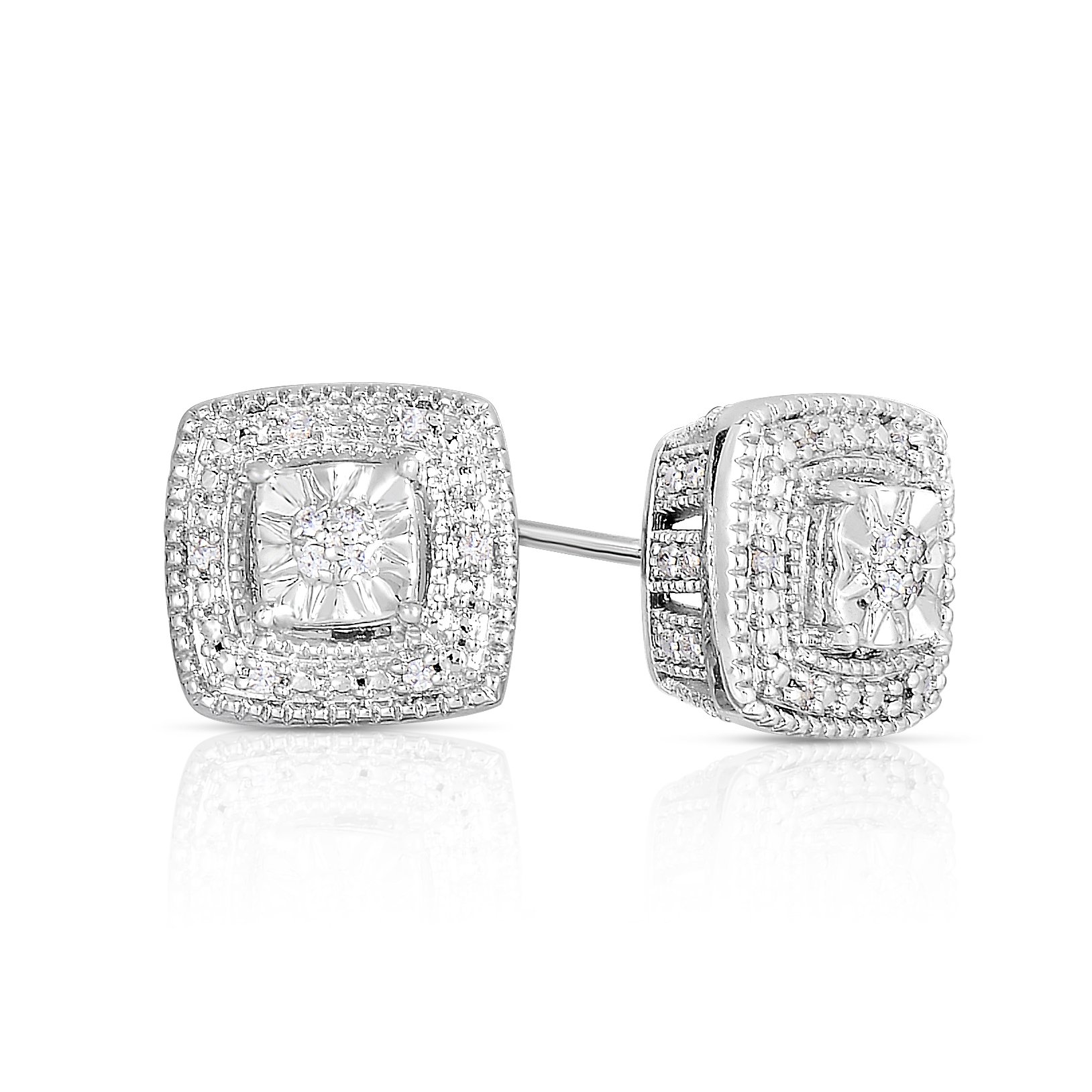 NATALIA DRAKE 1/10 Carat Total Weight Square Halo Small Diamond Stud Earrings for Women in Rhodium Plated 925 Sterling Silver Color IJ/Clarity I2-I3