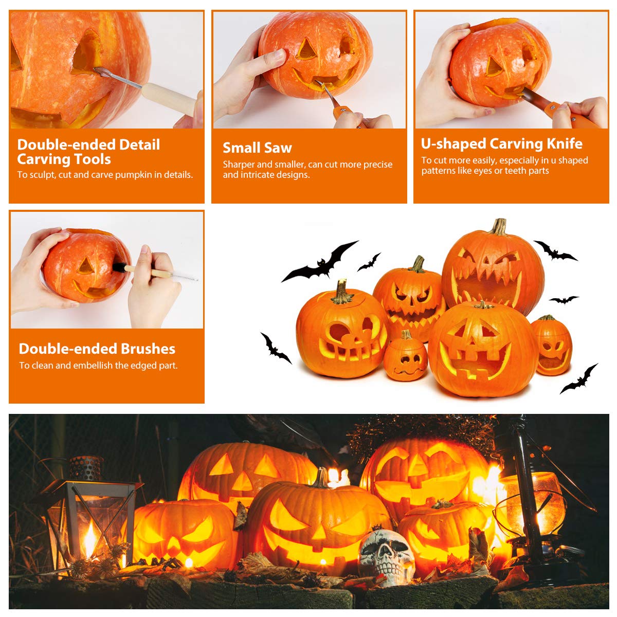 Unomor Halloween Pumpkin Carving Tools Kit, 15 PCS Professional Pumpkin Carving Set Includes Wooden Sculpture Knife Saw Marker for Halloween Pumpkin Decoration, Easily Carve Jack-O-Lantern