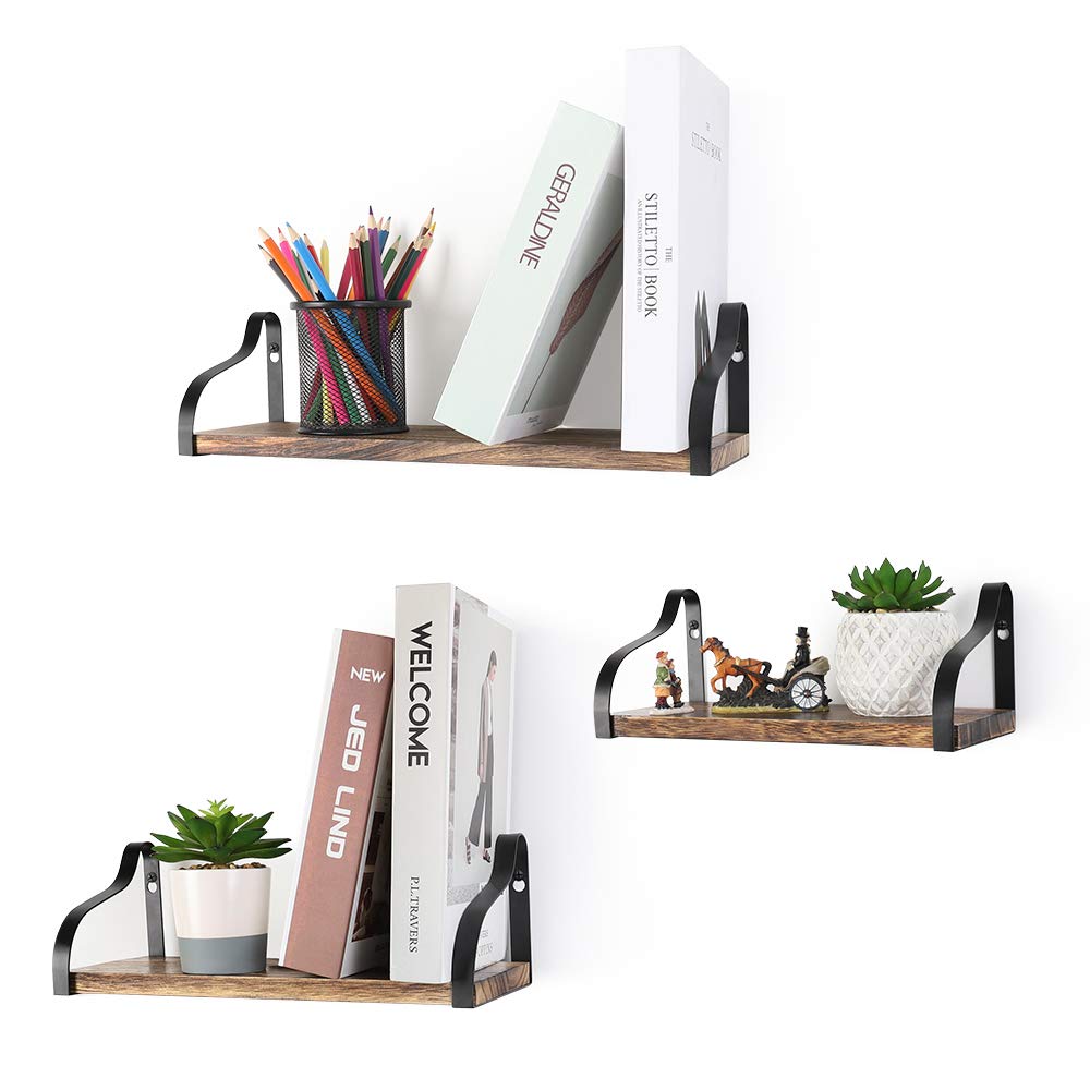 NEX Wall-Mounted Floating Shelves, Set of 3 Rustic Wood Wall Shelves for Living Room, Bedroom, Bathroom