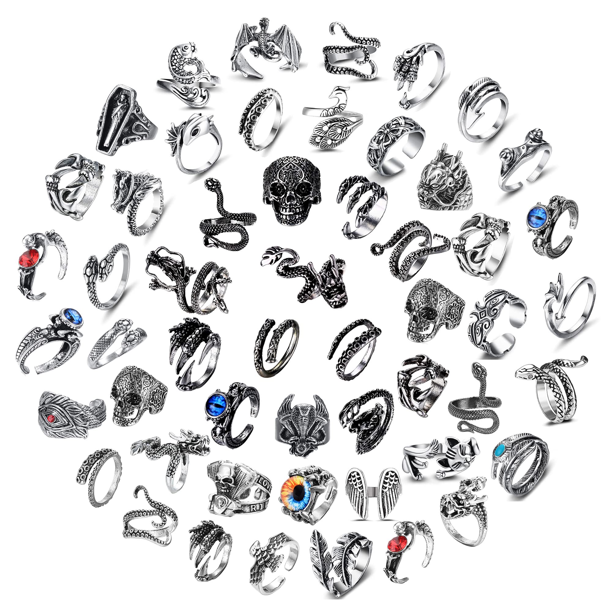 Subiceto 53Pcs Vintage Punk Rings for Men Women Snake Skull Ring Dragon Open Rings Set Adjustable Knuckle Stackable Rings Boho Full Finger Rings