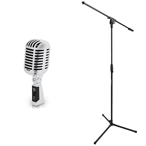 Pyle Classic Retro Dynamic Vocal Microphone + Amazon Basics Adjustable Boom Height Microphone Stand