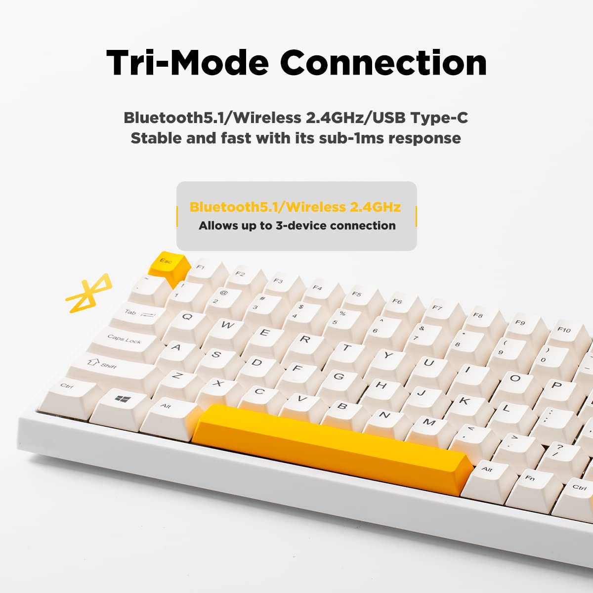 YUNZII YZ84 75% Hot Swappable Mechanical Keyboard, 2.4G/USB-C/Bluetooth Keyboard with RGB Backlit, for Mac/Win/Gamers (Gateron Yellow Switch, Yellow White)