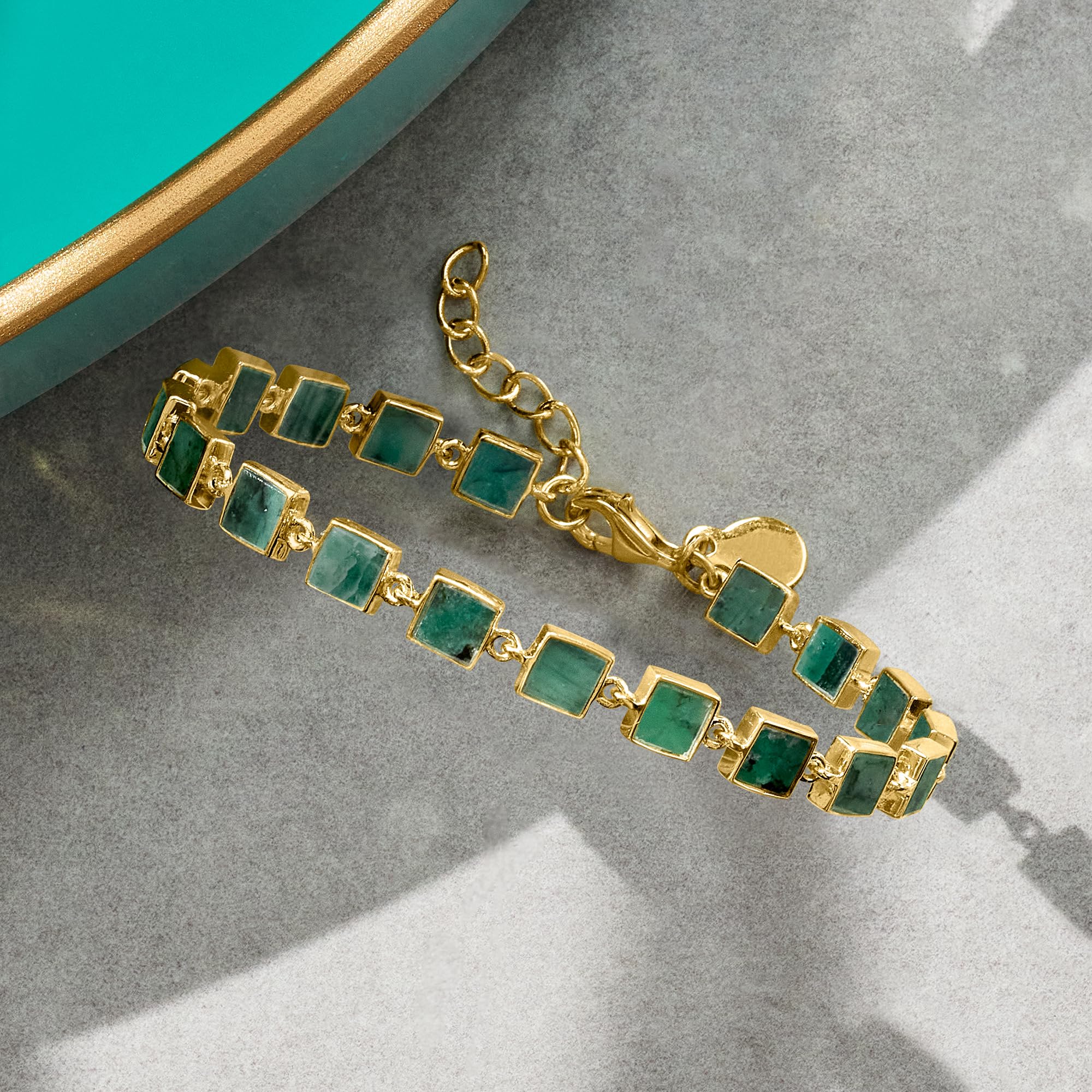 Ross-Simons 12.00 ct. t.w. Emerald Square-Link Bracelet in 18kt Gold Over Sterling. 7.5 inches
