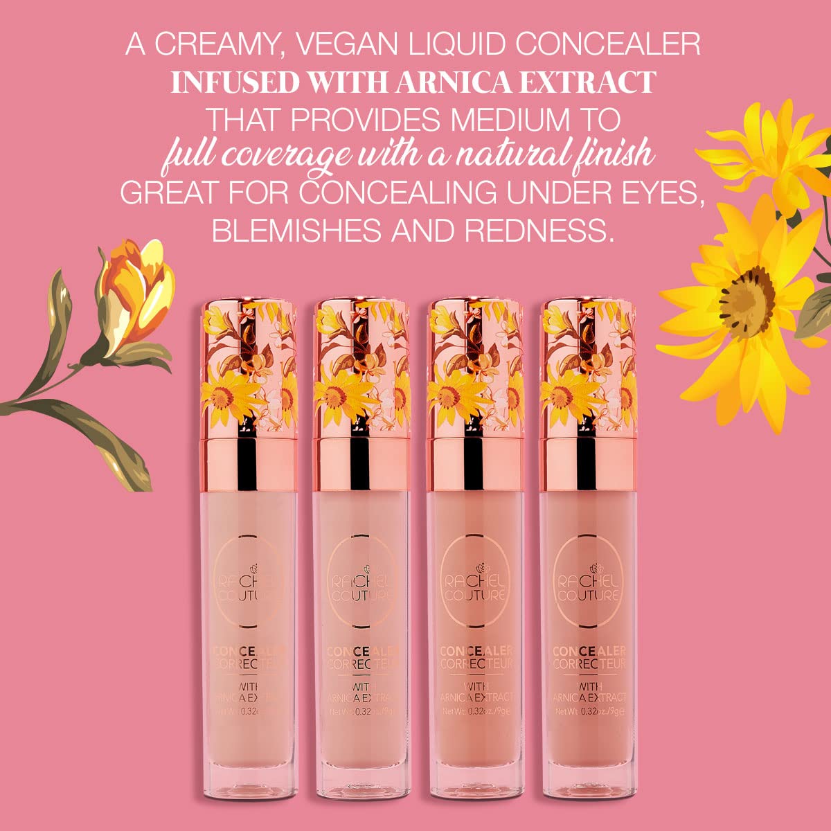 Rachel Couture Liquid Concealer | Medium to Full Coverage Fluid Concealer | Vegan & Cruelty-Free | Infused with Arnica Extract - 0.3 Fl Oz - Light