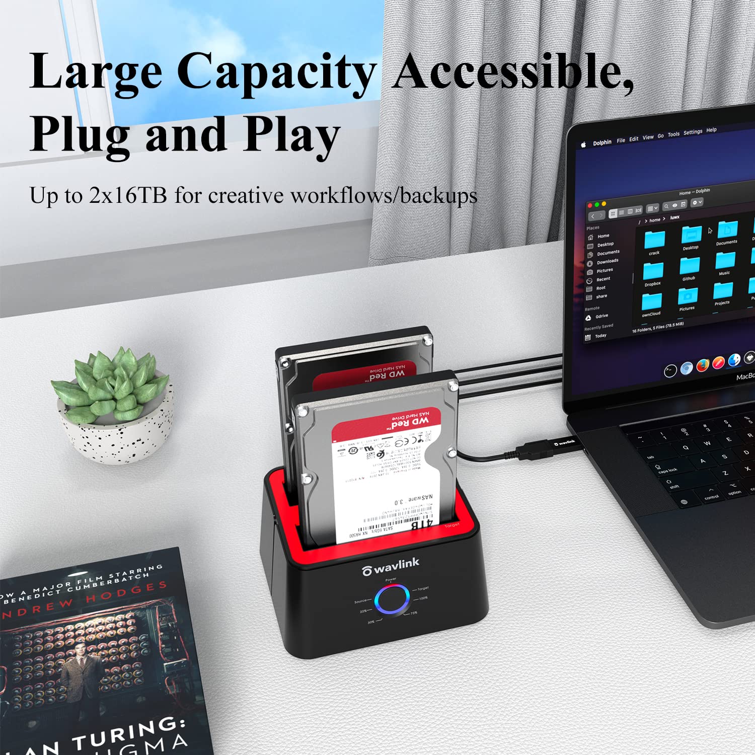 WAVLINK USB 3.0 to SATA External Hard Drive Docking Station,USB C Hard Drive Duplicator for Dual 2.5/3.5 Inch SSD HDD SATA Ⅱ/Ⅲ Support Tool-Free& 2×16TB &UASP with Offline Clone,Inculde Power Adapter