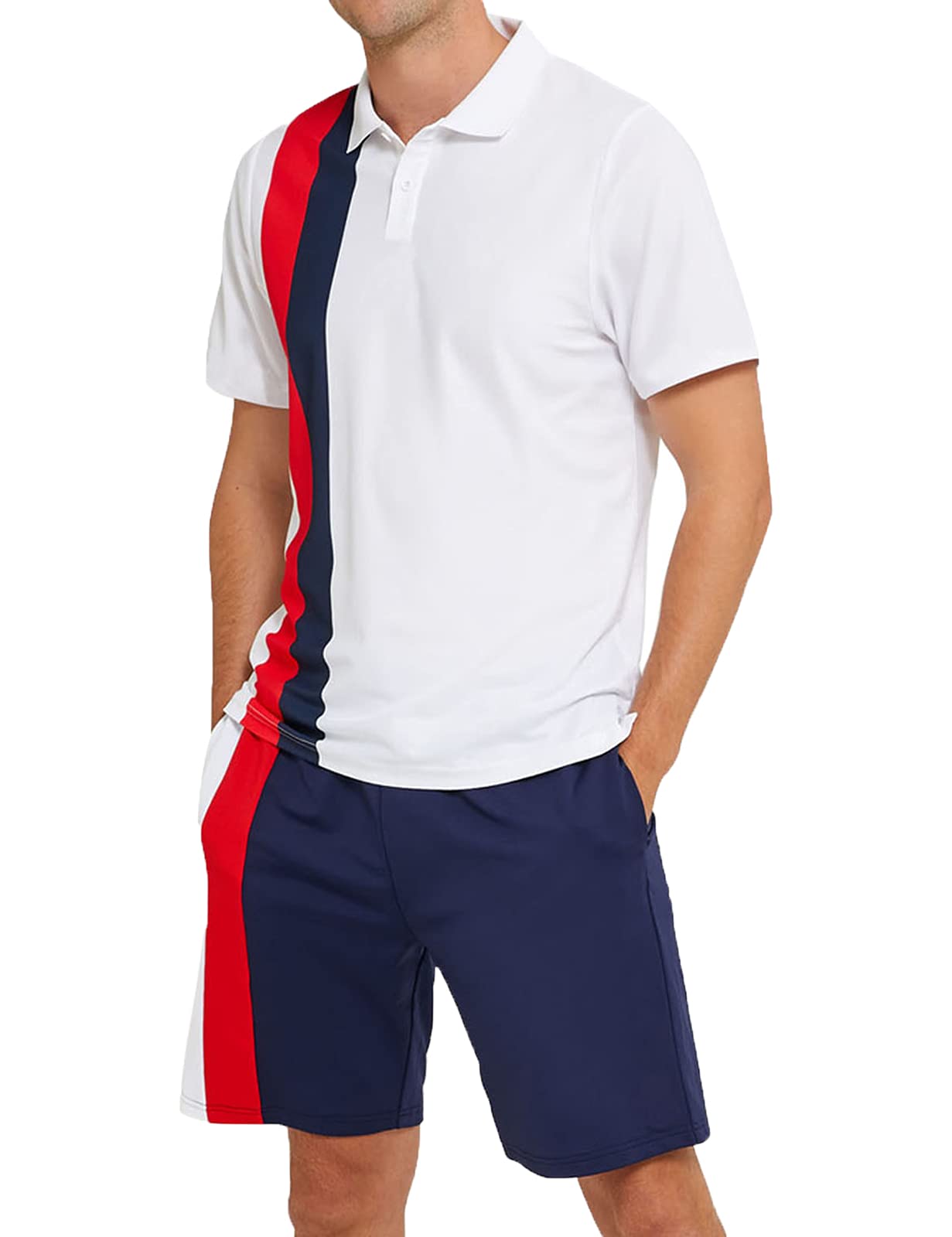 PJ PAUL JONES Mens Two Piece Outfits Sets Summer Vacation Polo Shirt and Short Sets 2 Piece Outfits for Beach Navy Blue L