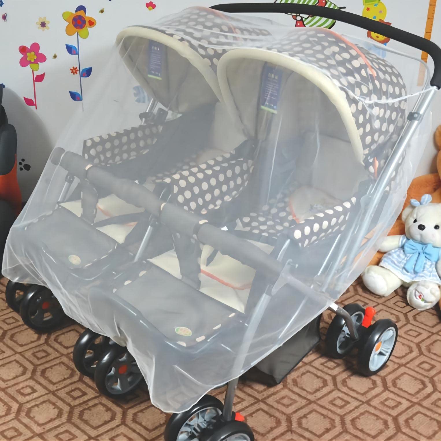 Mosquito Net for Baby Double Strollers,Carriers, Cradles, Car Seats,Universal Size, Insect Bug Netting Buggy Cover,Twin/Tandem Stroller Cover, White, Weather Protection,with Stroller Hooks