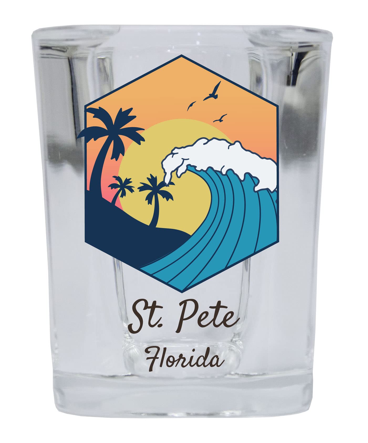 R and R Imports St. Pete Florida Souvenir 2 Ounce Square Base Shot Glass Wave Design Single