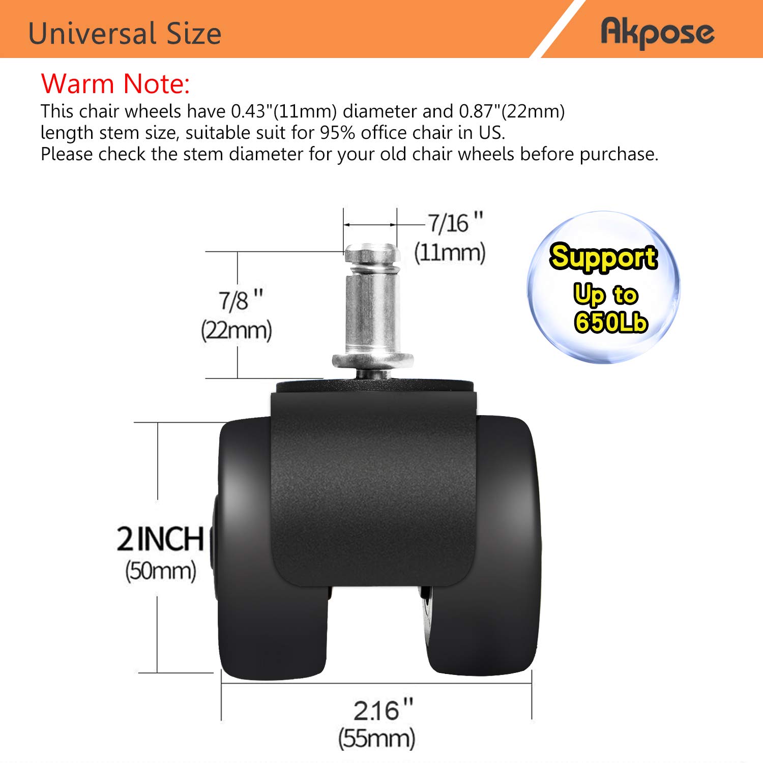 Office Chair Caster Wheels Replacement 2 Inch Heavy Duty 650LBs Computer Gaming Desk Dual Rubber Chair Wheels, Set of 5, Safe for All Floors - Universal Stem 7/16"X 7/8", Smooth & Silent