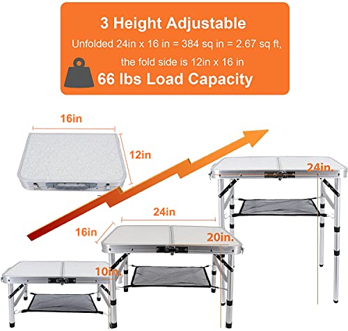 SearQing Portable Folding Table, 3 Adjustable Height Foldable Camping Table with Carrying Bag for Camping Picnic, Beach, RV, Shower, Backyard 24in x 16 in