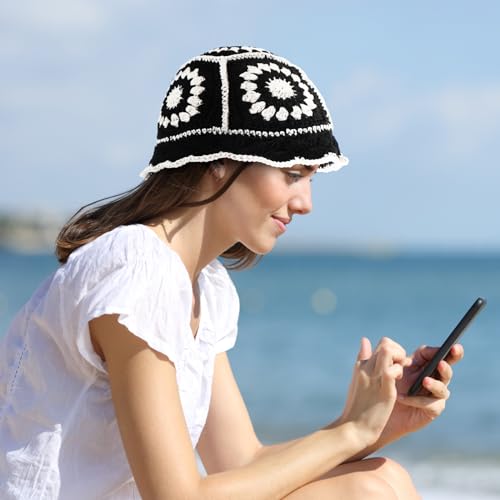 Silicherry 4 Pcs Crochet Bucket Hat Women Knitted Beanies Cap Boho Cute Knit Hat Handmade Fishing Hat Floral Basin Cap Beach Hat for Vacation Traveling