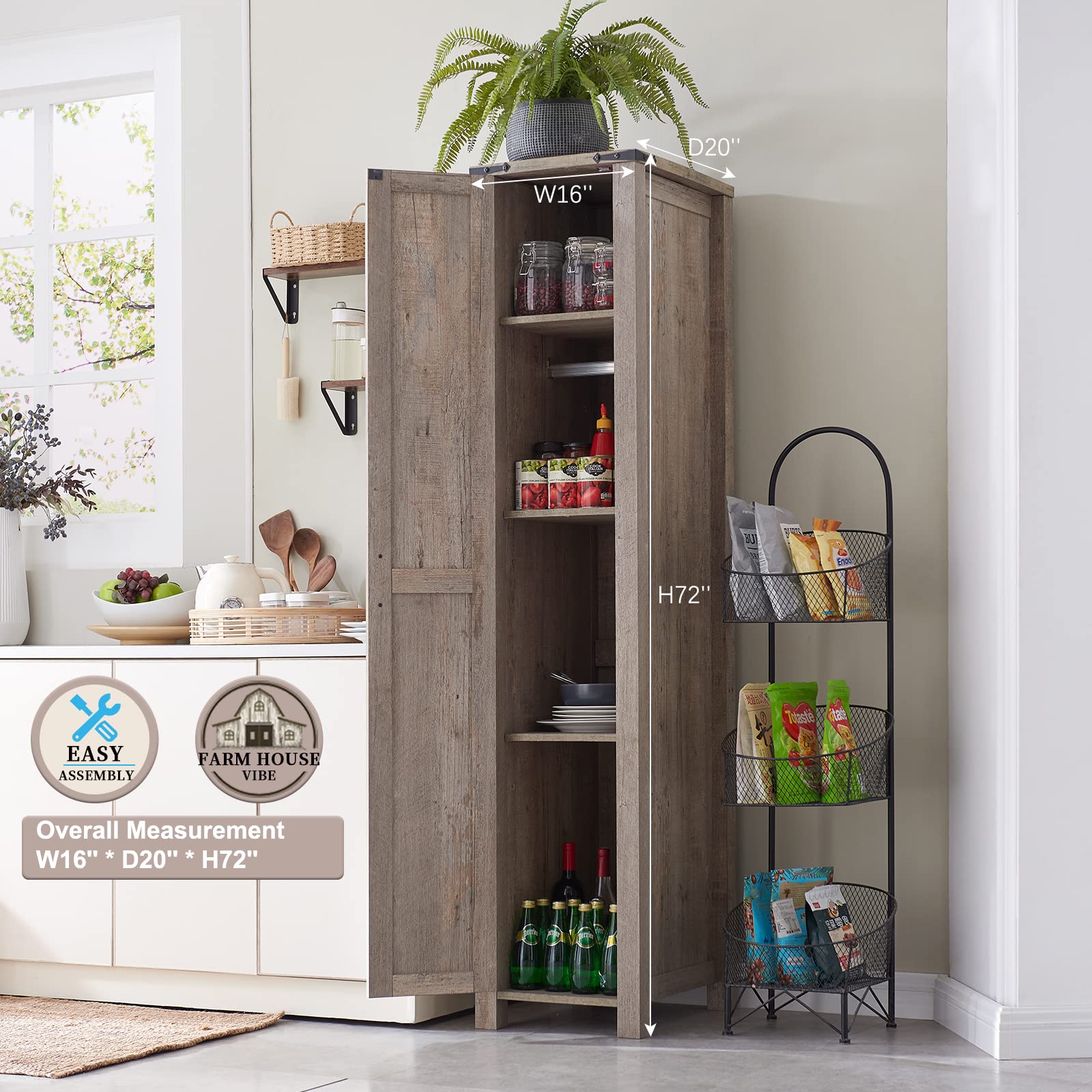 OKD Storage Cabinet, Farmhouse Bathroom Organizer w/Adjustable Shelves, Narrow Kitchen Pantry w/Barn Door, Versatile Storage w/Hanging Rod for Home, Laundry, Utility Room, Light Rustic Oak