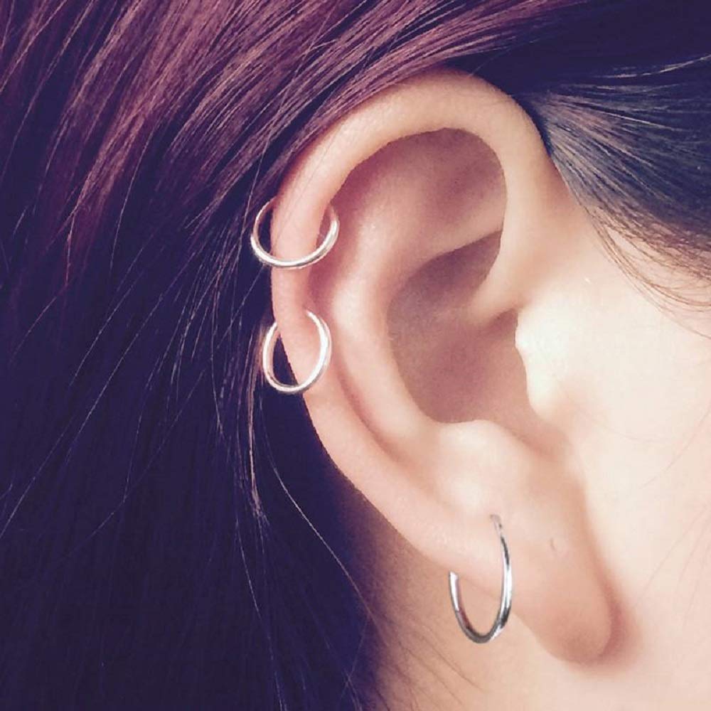 NewZenro 8Pcs Surgical Stainless Steel Sleeper Cartilage Daith Tiny Silver Small Huggie Hoop Earrings Mini Septum Hinged Clicker Nose Ring Helix Tragus Piercing for Women Mens 8mm 10mm Set 18g Gifts