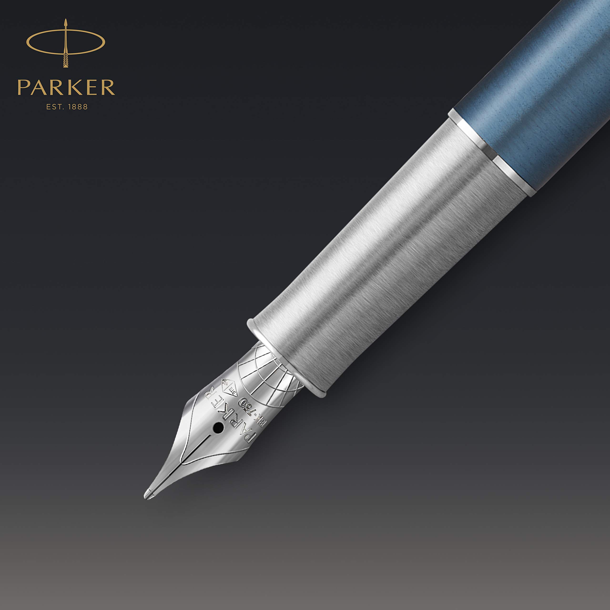 PARKER Sonnet Fountain Pen | Premium Metal and Blue Satin Finish with Chrome Trim | Fine 18k Gold Nib with Black Ink Cartridge | Gift Box