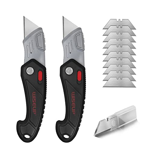 WISEUP lightweight razor blades utility knife,2 pack folding small and safety box cutter quick-change with 10pcs blades refills for boxes cartons,office,DIY,camping