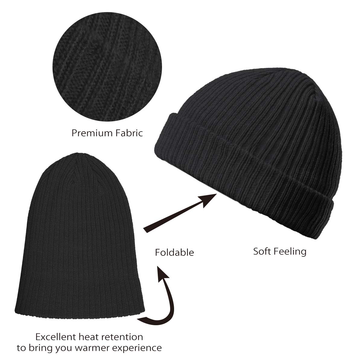 PACEARM Beanie Men Women - Unisex Winter Beanies Cuffed Knit Hat Plain Skull Cap (Black)
