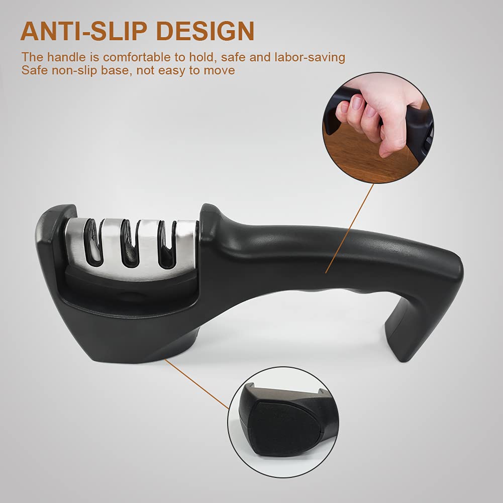 Professional Kitchen Knife Sharpener, 3 Stage Knife Sharpener, Handheld Manual Knife Sharpener Suitable for 99% of Knives, Sharp, Rough Grinding, Fine Grinding, Repair, Restore, Polish (102KS)