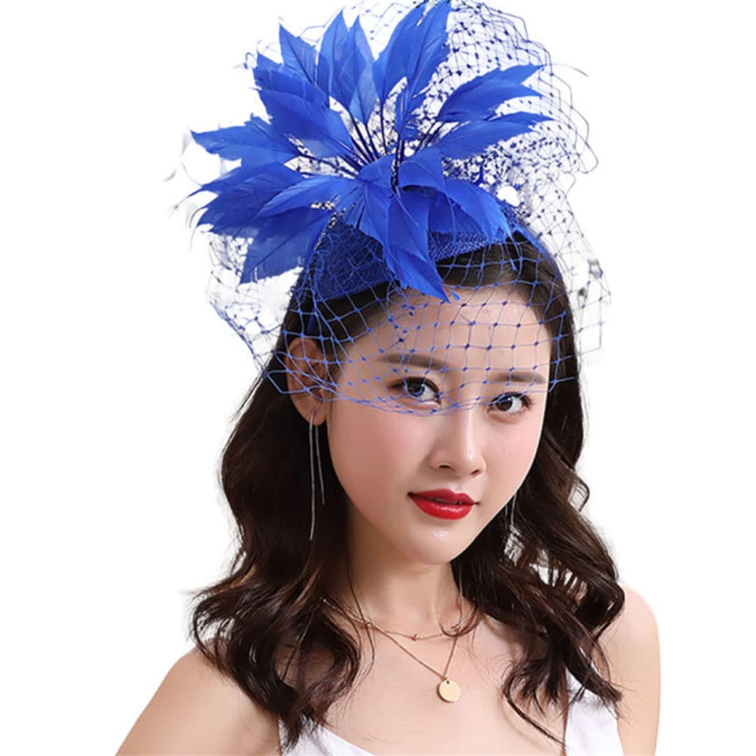 Royal Blue Hat Hat with Feather Flower Ladien Gauze Dress Hats Hair Accessories Royal Blue One Size