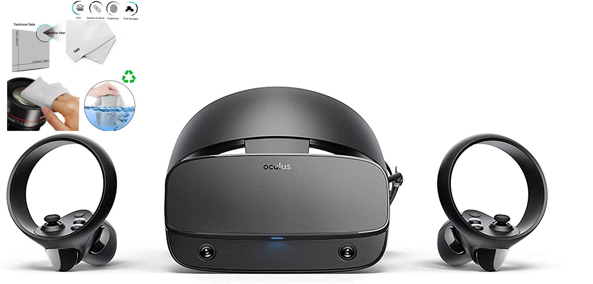 Oculus - Rift S PC-Powered VR Gaming Headset - Two Touch Controller, 3D Positional Audio, Insight Tracking, Adjustable Halo Headband Bundle with TWE Cleaning Cloth