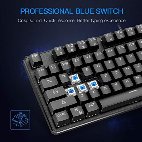 OMOTON Mechanical Gaming Keyboard, Blue Switch Rainbow Backlit Wired Keyboard, 87-Key Anti-Ghosting Tenkeyless Keyboard for PC, Desktop, Gamer Computer, Black