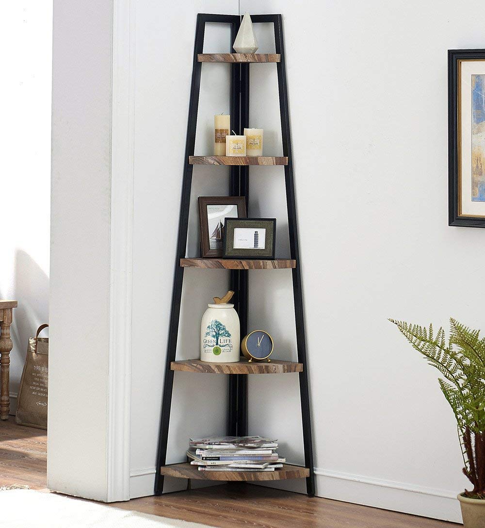 O&K FURNITURE 5 Shelf Industrial Corner Bookcase and Shelf, A-Shaped Display Corner Storage Rack Bookshelf-70-Inch, Oak Finish