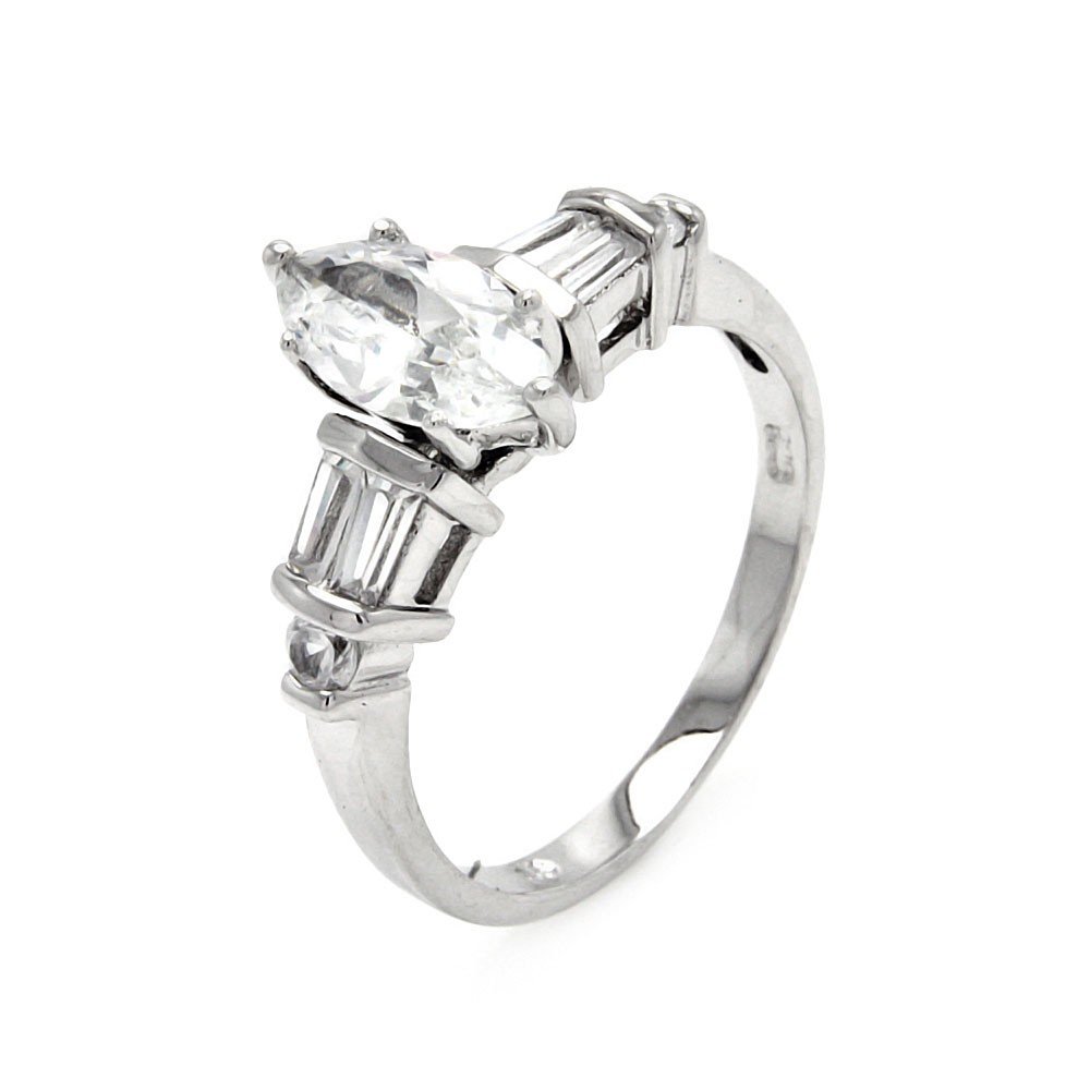 Marquise Center Baguette Round Clear Cubic Zirconia Bridal Ring Rhodium Plated Sterling Silver Size 8