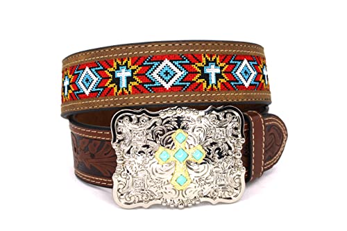 West Star Texas Embroidery Fabric Belt Aztec Print Men Women Cowboy Genuine Leather 1.5'' 2205 BR L