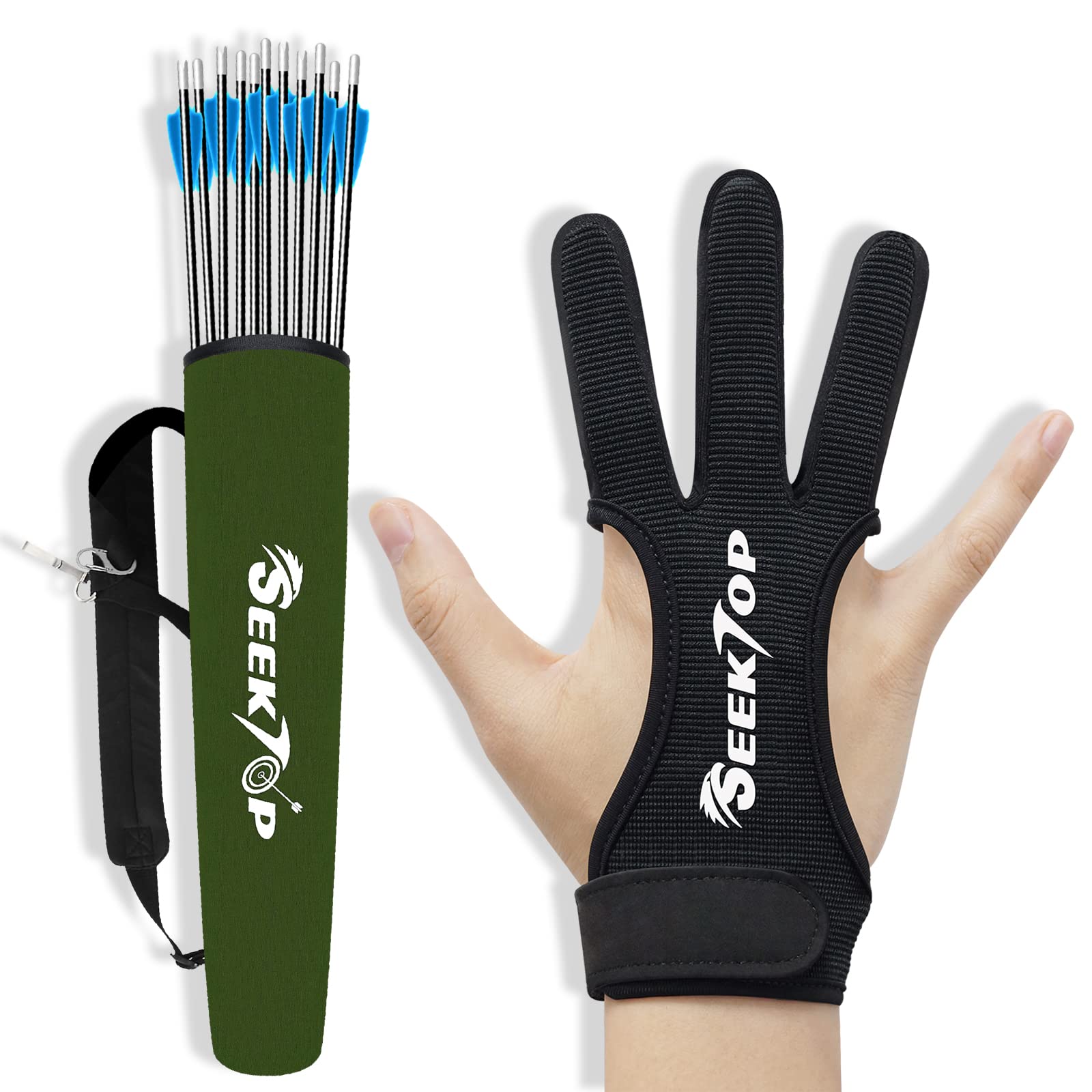 Seektop Archery Gloves Adjustable Archery Back Arrow Quiver Holder for Youth Adults (L+Green)