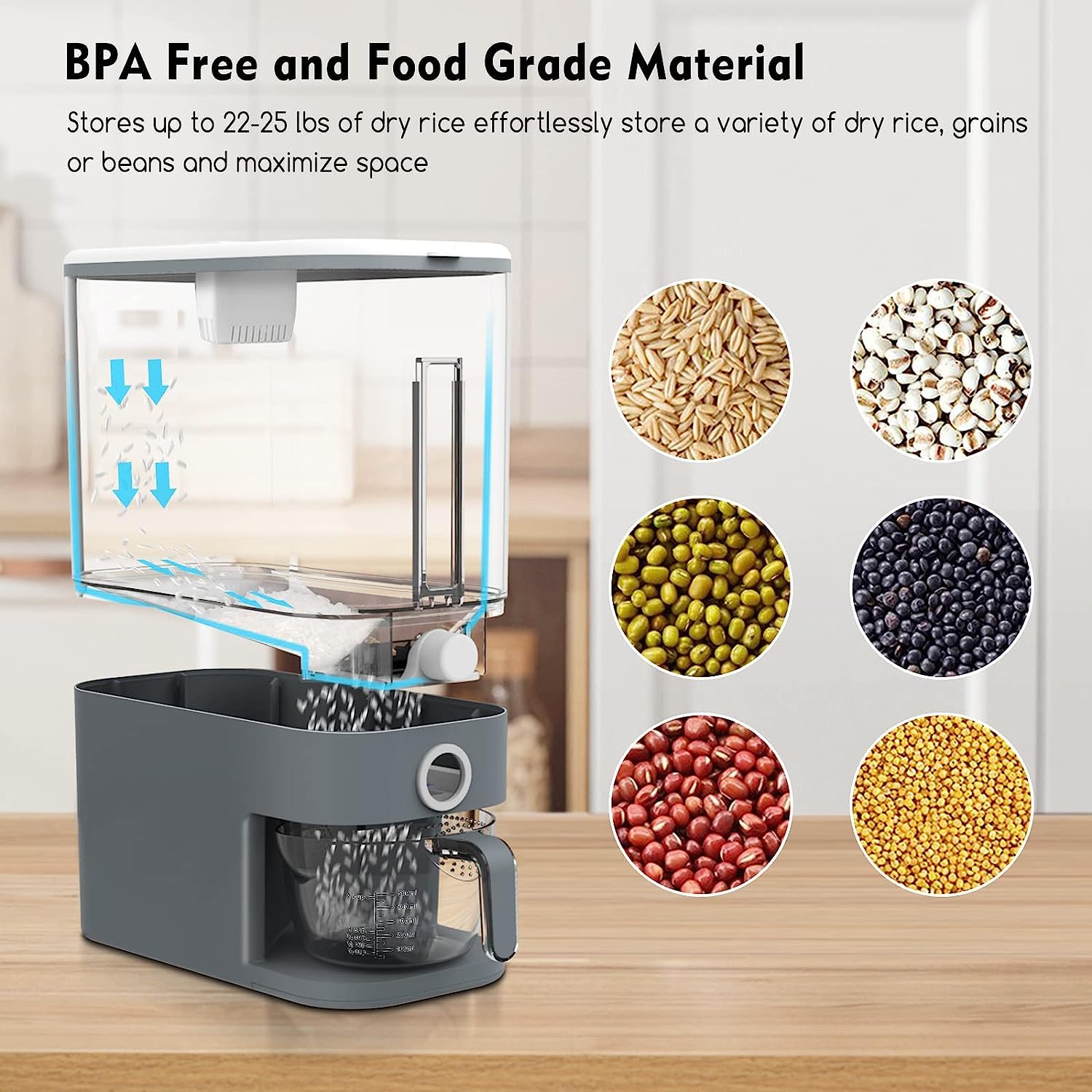 Premium Rice Dispenser - 25lbs Capacity Kitchen Storage Container: Pantry Organizers and Storage, Grain Storage Container, Flour and Rice Container for Countertop, Cereal & Candy Food Dispenser.