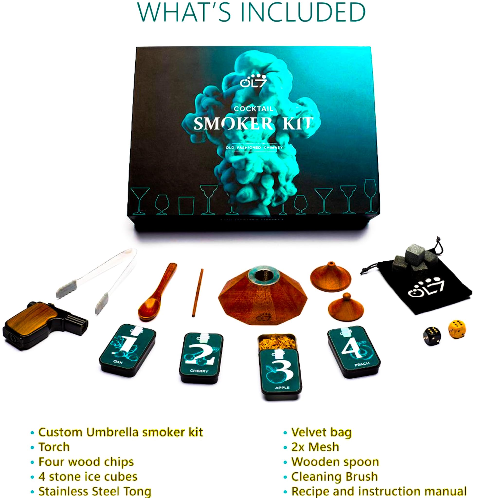 OL7 Cocktail Smoker Kit with Torch - 4 Flavors Wood Chips - Bourbon, Whiskey Smoking Infuser Kit, Old Fashioned Drink Smoker Set,Gift Men (No Butane)