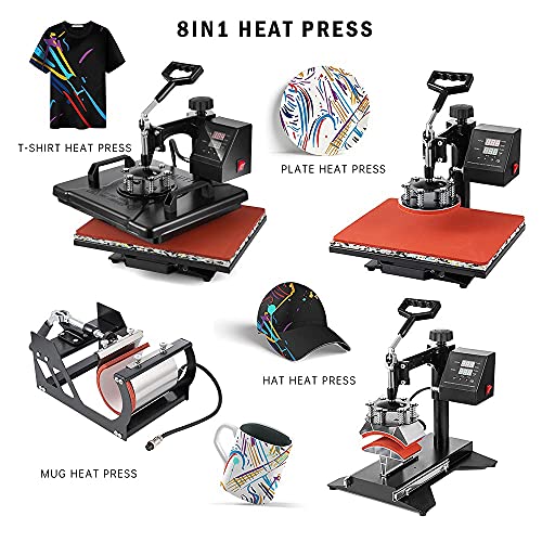 Pro 8 in 1 Heat Press Machine 12x15 Combo Teflon-Coated, Upgrade Slide Out Drawer Tshirt Press, Premium Aluminum Hat Press, Multifunction Swing Away Heat Transfer Press for T Shirts/Cap/Mug/Plate