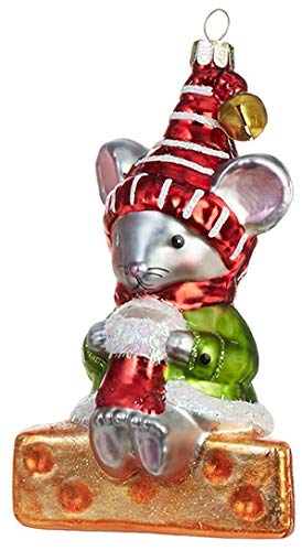 OnHoliday Glass Mouse Sitting on Cheese Christmas Tree Ornament