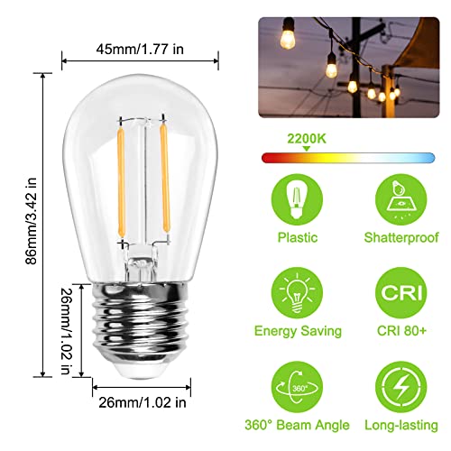 ROMANJOY 25 Pack S14 LED Replacement Bulbs, Shatterproof String Light Bulbs, 2200K Non-Dimmable, 2W Equivalent to 20W, E26 Base Edison LED Light Bulbs for Outdoor Patio Garden Vintage Lights