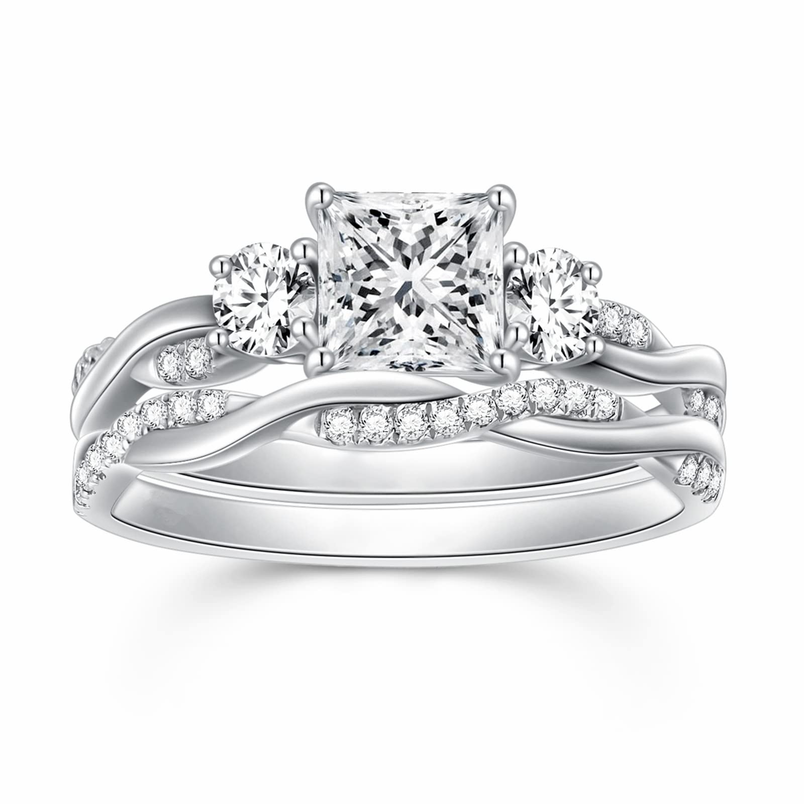 Princess Cut Wedding Ring Sets for Women Bridal Sets Engagement Ring Set, 1-1/2 Carat(ctw) Moissanite Twisting Infinity Pave Set 925 Sterling Silver 10K 14K 18K Gold Free Engraving (Style 5)