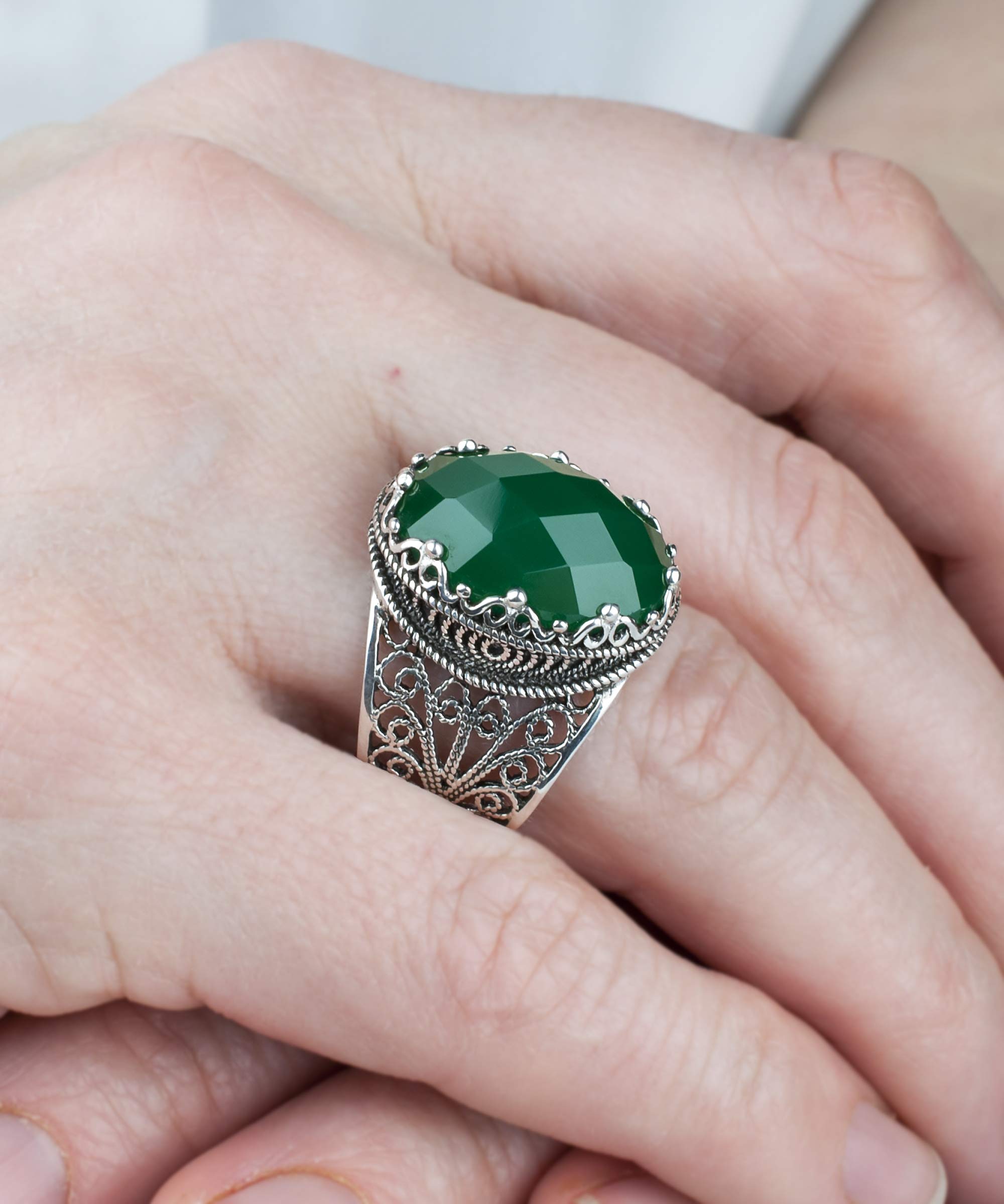 Ottoman Silver Collection 925k Sterling Silver Handmade Artisan Crafted Oval Filigree Ring with Green Agate Gemstone Unique Eyecatcher Designer Gift For You and Your Precious Beloved (Size 5-12) (10)